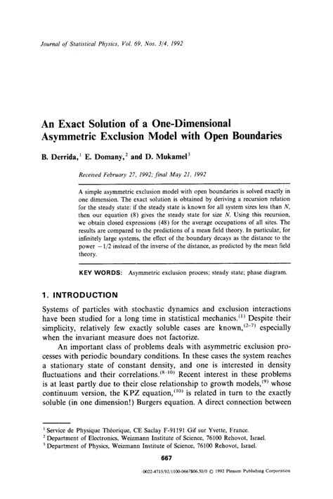 Pdf An Exact Solution Of A One Dimensional Asymmetric Exclusion Model With Open Boundaries