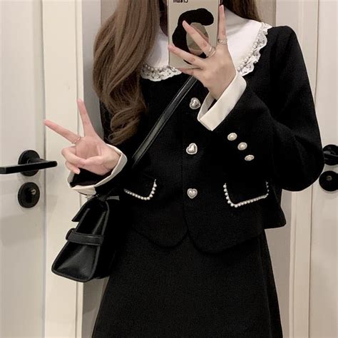 투피스 셋업깔끔 블랙 진주 레이스 프릴 카라 하트 버튼 단추 러블리 클래식 봄 가을 긴팔 소녀 감성 크롭 숏 짧은 자켓 아우터
