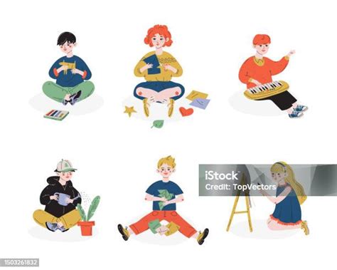 다양한 취미와 활동 벡터 세트를 가진 창의적이고 예술적인 아이들 가위에 대한 스톡 벡터 아트 및 기타 이미지 가위 공예 귀여운 Istock