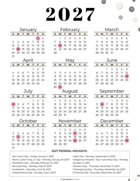 List Of Federal Holidays 2027 In The U S Saturdayt