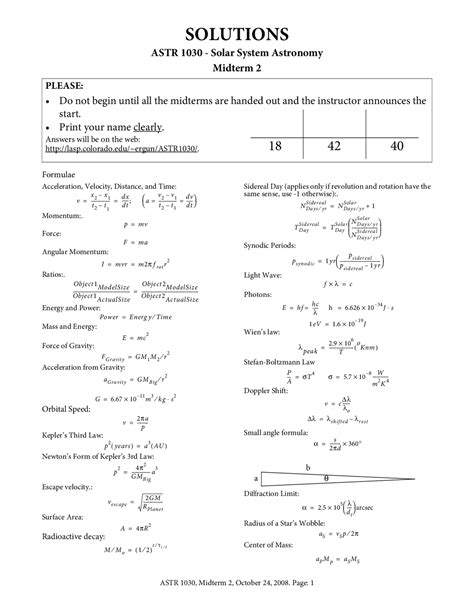 Midterm Exam 2 Solutions Solar System Astronomy Astr 1030 Docsity