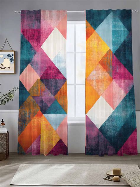 Colorful Shabby Rhombus Sheer Curtains For Living Room Bedroom Vintage Color Block Sheer