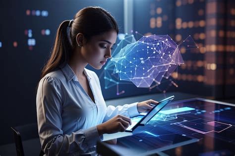 Software Coding Hologram And Woman Analyzing Data On Tablet Premium
