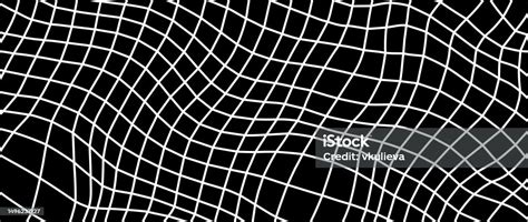 윤곽선 와이어프레임 배경이 왜곡되었습니다 추상적인 물결 모양의 바둑판 벽지 뒤틀린 곡선 그리드 표면 패턴입니다 착시 효과가 있는 흰색 기하학적 질감에 검은색 벡터 그림 0