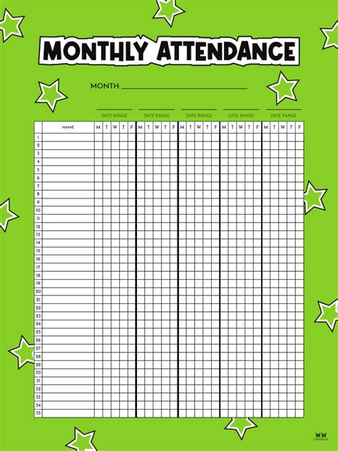 Printable Monthly School Attendance Sheet 11 Pdf