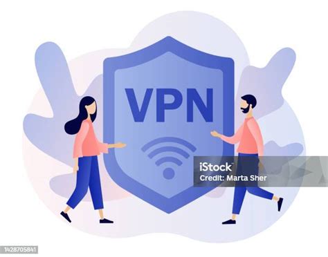 Vpn 서비스 표지판 가상 사설망 개념 사이버 보안 안전한 웹 트래픽 데이터 보호 원격 서버 현대 플랫 만화 스타일 흰색 배경에