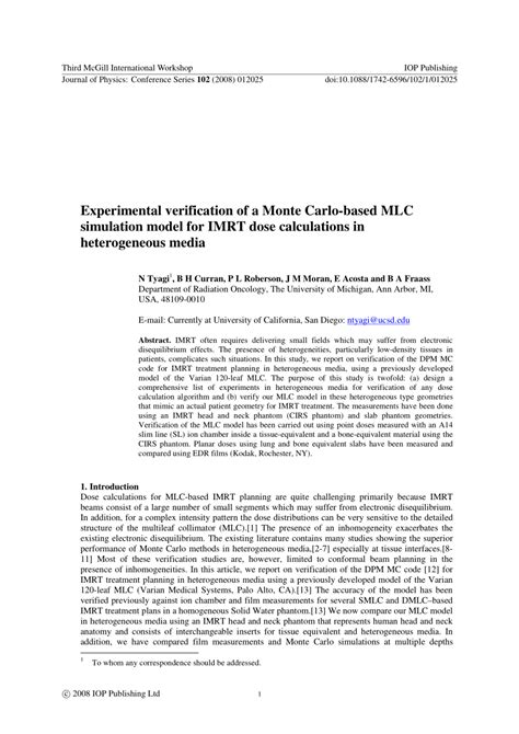 Pdf Experimental Verification Of A Monte Carlo Based Mlc Simulation Model For Imrt Dose