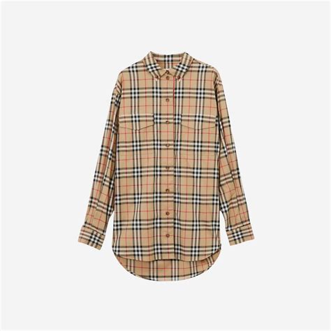 W 버버리 체크 스트레치 코튼 오버사이즈드 셔츠 아카이브 베이지 Burberry Kream