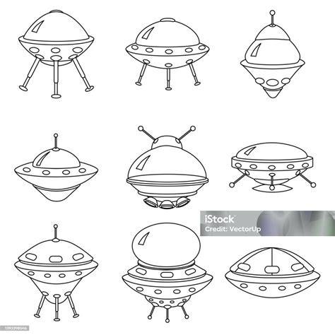 Ufo 아이콘 세트 외계인의 우주선 벡터 윤곽선 스타일 외계인에 대한 스톡 벡터 아트 및 기타 이미지 외계인 51 검은색 Istock