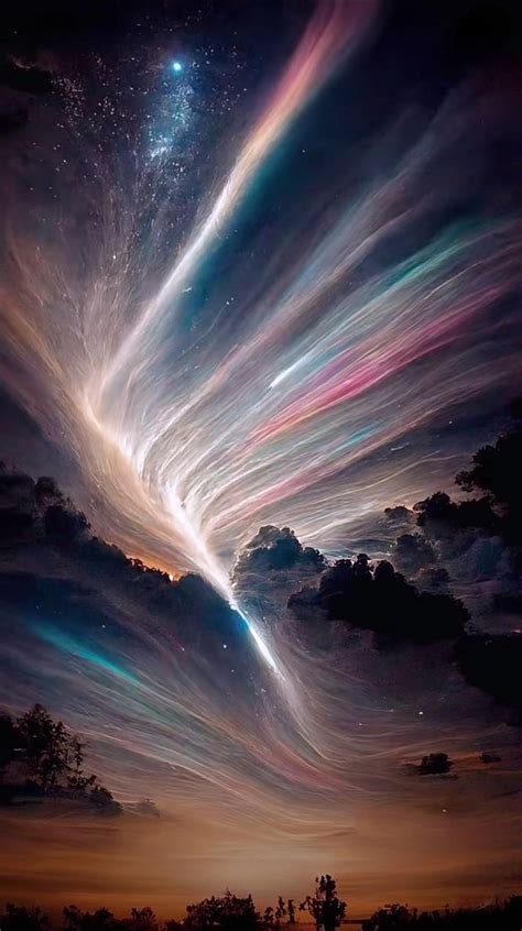 Colorful Night Sky With Swirling Clouds And Stars Aurora Borealis And
