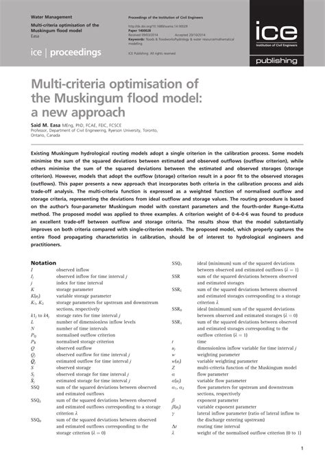 Pdf Multi Criteria Optimization Of Muskingum Flood Model A New Approach