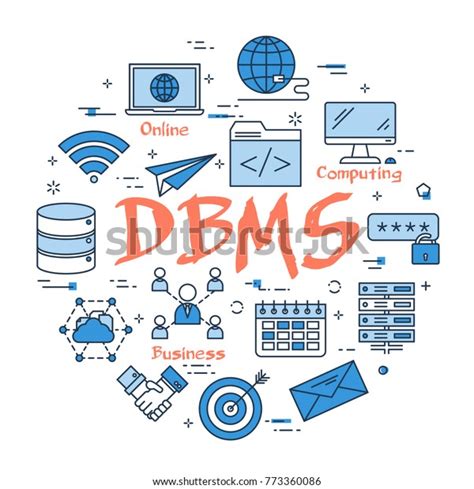 Vector Linear Blue Round Of Dbms Concept Line Icons Of Database
