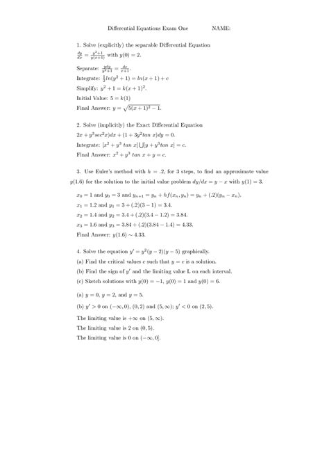 Differential Equations Exam One Exams Differential Equations Docsity