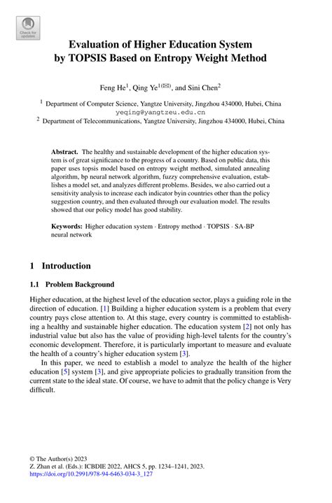 Pdf Evaluation Of Higher Education System By Topsis Based On Entropy Weight Method