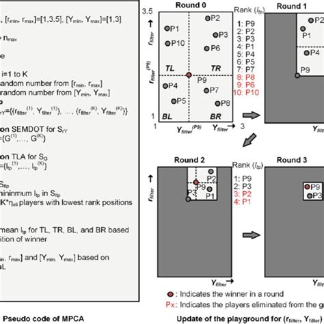 pseudo code and update logic for r filter y filter to explain mpca