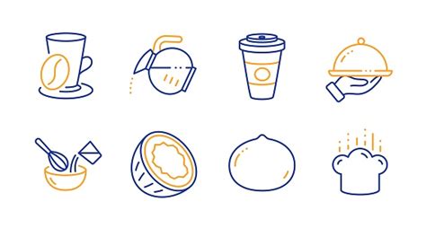 마카다미아 너트 코코넛 커피 포트 아이콘 세트 요리 거품기 테이크 아웃 커피 및 레스토랑 음식 표지판 벡터 고급에 대한 스톡
