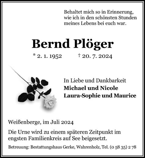 Traueranzeigen Von Bernd Plöger Trauer Anzeigen De