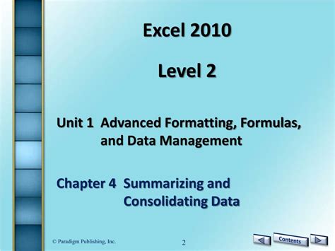 Ppt Excel 2010 Level 2 Unit 1 Advanced Formatting Formulas And Data Management Powerpoint
