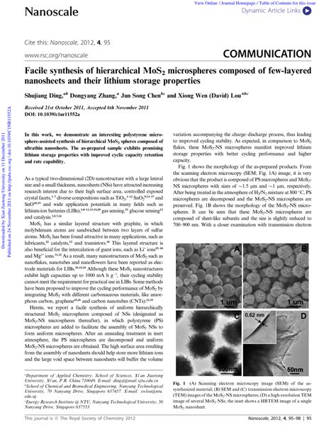 Pdf Facile Synthesis Of Hierarchical Mos2 Microspheres Composed Of Few Layered Nanosheets And
