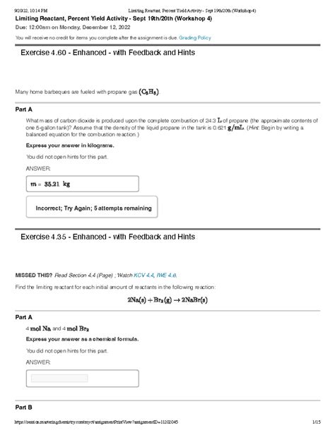 Limiting Reactant Percent Yield Activity Sept 19th 20th Workshop 4 Grading Policy