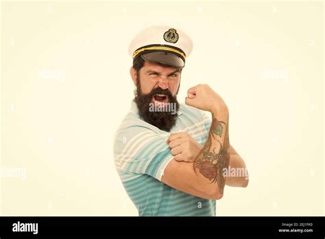 Strong Muscles Sailor Spirit Bearded Sailor Isolated On White Sailor