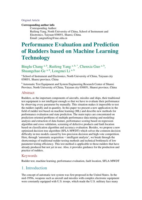 Pdf Performance Evaluation And Prediction Of Rudders Based On Machine