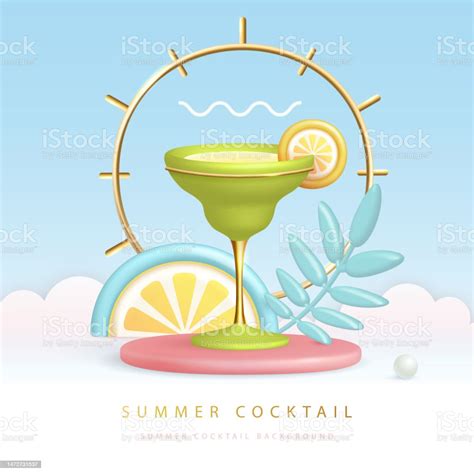 3d 플라스틱 칵테일 열대 과일 및 열대 잎이 있는 여름 칵테일 파티 포스터 벡터 그림 0명에 대한 스톡 벡터 아트 및 기타