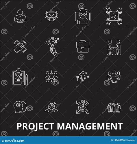 Project Management Editable Line Icons Vector Set On Black Background Project Management White
