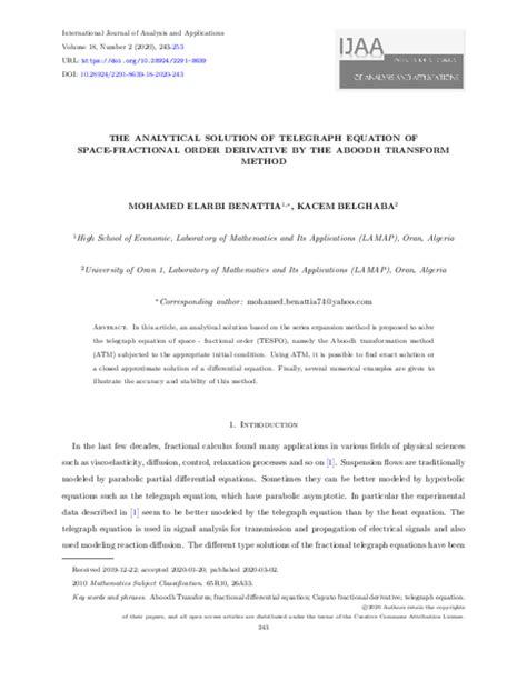 Pdf The Analytical Solution Of Telegraph Equation Of Space Fractional Order Derivative By The