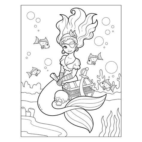 Раскраска Русалка пират с сундуком сокровищ распечатать или скачать