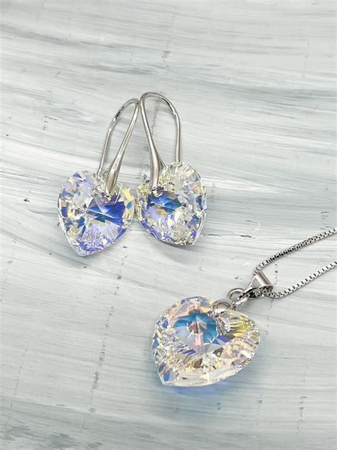 Clear Swarovski Crystal Heart Jewelry Set Swarovski Heart Drop