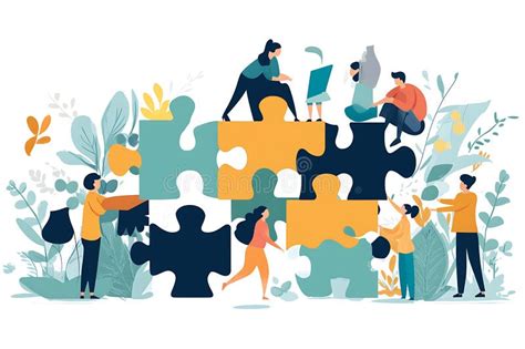 Collaborative Teamwork Illustration People Solving Puzzle Together With Plants Flat Design Style