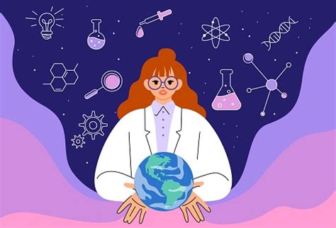 여성 과학자 화학에서 과학 소녀 기술 과학 연구 전문 교사 직업 화학 실험실에서의 경력 지구 행성을 들고 있는 화학자 벡터 플랫 컨셉 과학에 대한 스톡 벡터 아트 및 기타