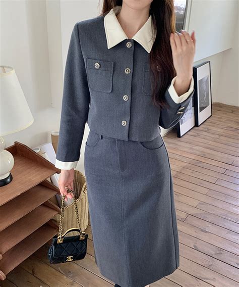 크롭 자켓 스커트 투피스 배색카라 긴소매 일자핏 앞단추 숏 짧은 자켓 And 하이웨스트 일자핏 H라인 미디스커트 세트 가을 겨울 단아한 포멀 단정한 수트 셋업 정장 사무실