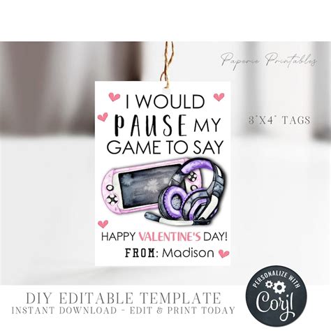 Editable Girl Gamer Valentine Cards Printable School Tags Diy Corjl