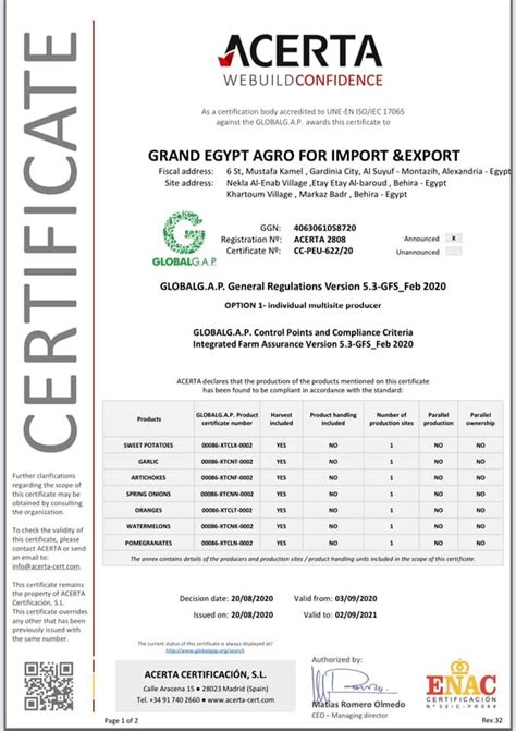 Our Global Gap Certification Grand Egypt Agro