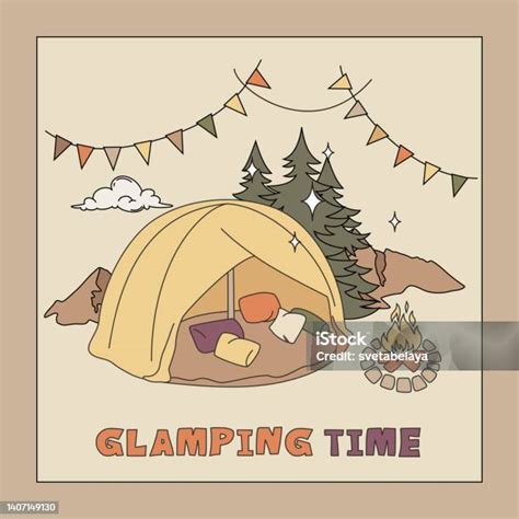 Akomodasi Glamping Dengan Template Kartu Api Unggun Ilustrasi Stok