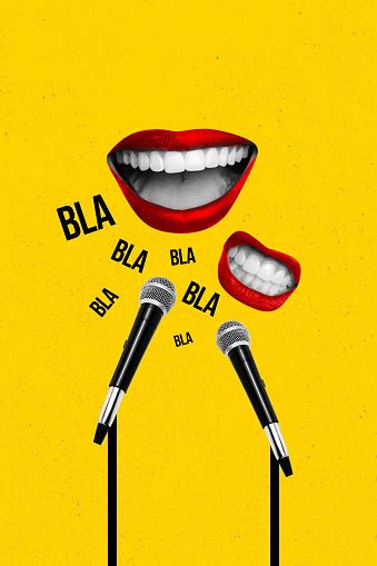 복합 트렌드 아트 워크 3d 스케치 이미지 사진 콜라주 거대한 몸이없는 입 입술 마이크 이야기 연설 블라 노래방 팟캐스트 선포 0명에 대한 스톡 사진 및 기타 이미지