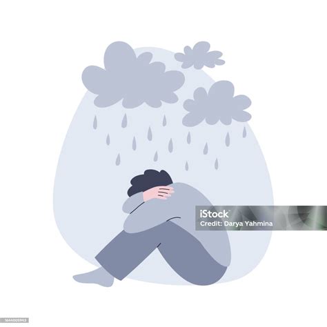 비 구름 아래 앉아 있는 우울증에 빠진 슬픈 남자 개념에 대한 스톡 벡터 아트 및 기타 이미지 개념 건강관리와 의술 고독