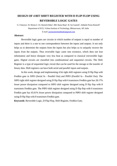 Pdf Design Of 4 Bit Shift Register With D Flip Flop Using Reversible Logic Gates