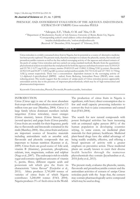 Pdf Phenolic And Antioxidant Evaluation Of The Aqueous And Ethanol Extracts Of Unripe Citrus