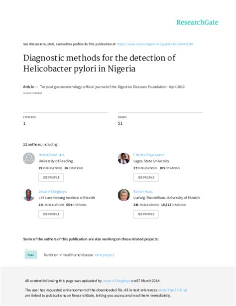Pdf Diagnostic Methods For The Detection Of Helicobacter Pylori In