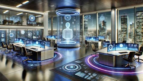 Futuristic Office Space Showcasing Ai Integration And Holographic Displays Stock Illustration