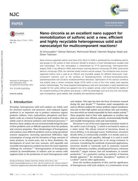 Pdf Nano Zirconia As An Excellent Nano Support For Immobilization Of Sulfonic Acid A New