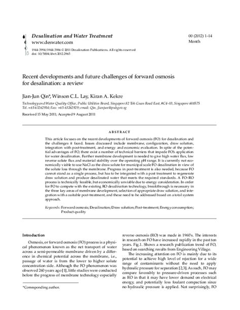 Pdf Recent Developments And Future Challenges Of Forward Osmosis For Desalination A Review