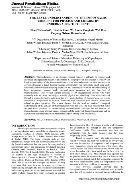 PDF THE LEVEL UNDERSTANDING OF THERMODYNAMIC CONCEPT FOR PHYSICS AND CHEMISTRY UNDERGRADUATE