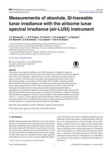 Pdf Measurements Of Absolute Si Traceable Lunar Irradiance With The Airborne Lunar Spectral