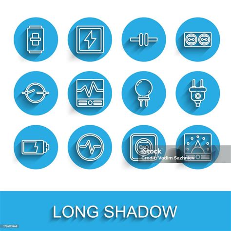 라인 배터리 충전 레벨 표시기 전등 스위치 전기 콘센트 암페어 미터 멀티 미터 전압계 측정 기기 플러그 및 발광 다이오드 아이콘을 설정합니다 벡터 0명에 대한 스톡 벡터