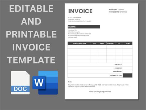 Invoice Template Google Docs Printable Editable Invoice Template Custom Invoice Form Instant