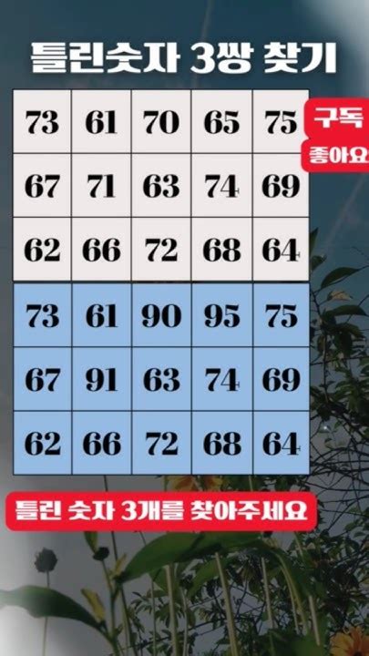 즐거운 숫자맞추기 게임을 통해 즐거움을 느끼자틀린숫자 3쌍을 맞춰보세요위 아래를 비교하여 틀린숫자 3쌍을 찾아보세요틀린숫자 숫자퀴즈 치매예방 기억력 메모리